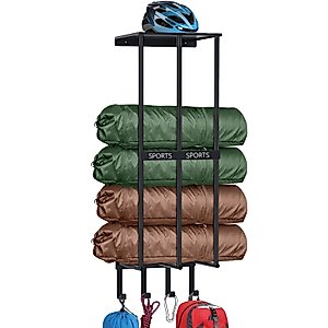 Camping Chair Storage, Metal Camping Chair Holder for Garage with 4 Hooks, Beach Chair and Umbrella Wall Storage Rack, Black