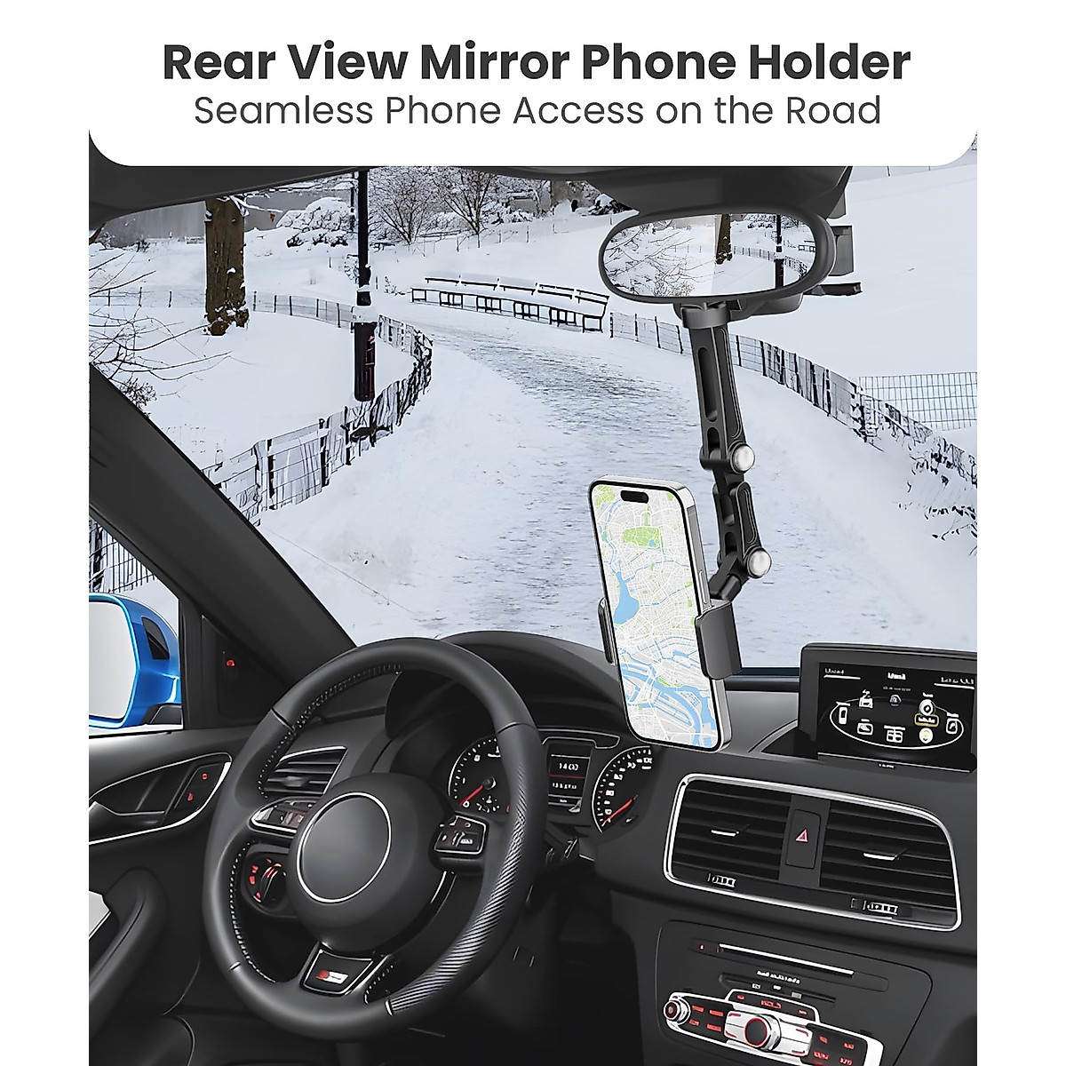 Karmus Mirror Phone Holder, Portable Electronic Device Mount. Compatible with All Cell Phones, Rotatable & Retractable. Ideal for Cars & Trucks