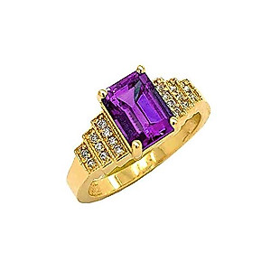 Takar Fine 10k Yellow Gold Dainty Amethyst and Diamonds Wedding Ring (Size 12)