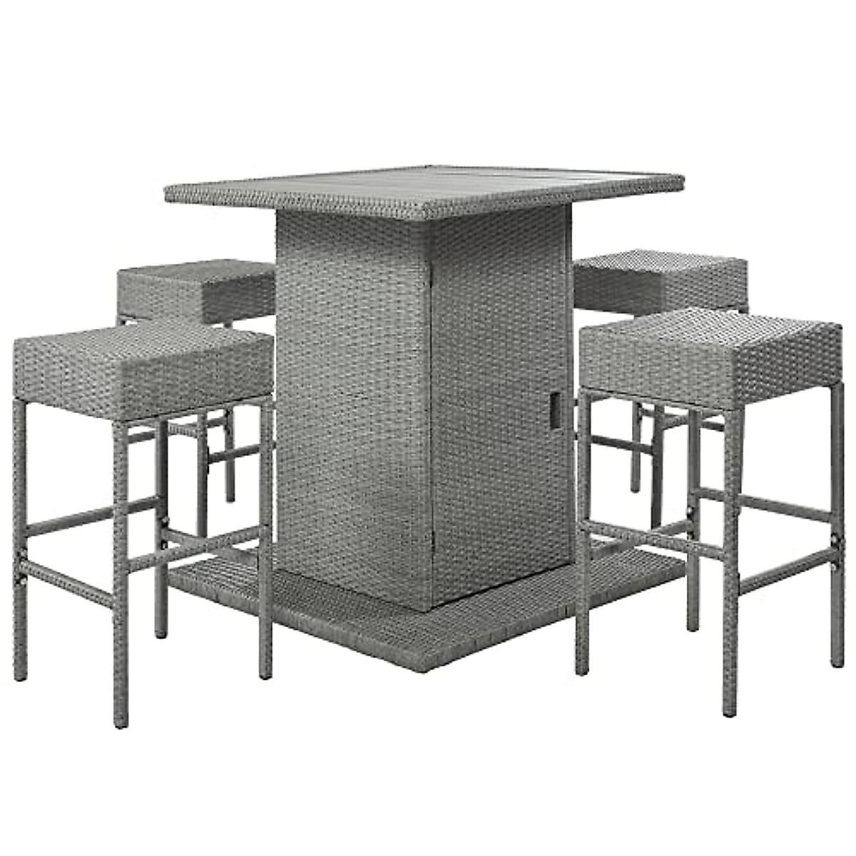 LCH Patio Bar Counter Height Bistro, Outdoor 5-Piece PE Rattan Dining Set, All-Weather Wicker Square Kitchen Table with Storage Shelf and 4 Padded Stools, Grey