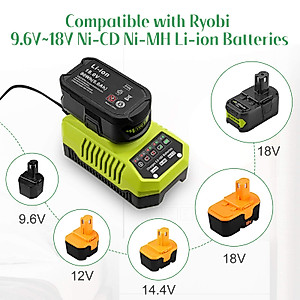 P117 Fast Charger for Ryobi 9.6V~18V Ni-Cd&Ni-Mh Lithium Battery Compatible with Ryobi 18V 14.4V 12V 9.6V Batteries P117 P100 P102 P103 P104 P105 P107 P108 P109 P119 P122 Lithium-Ion Battery Charger