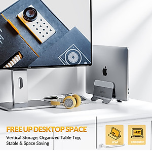 Vertical Laptop Stand Holder, iDsonix Auto Locking Holder Storage Dock, Space Saving for Desk Organizer, Fits All MacBook, iPad, Surface, Dell, Gaming Laptops (Gray)