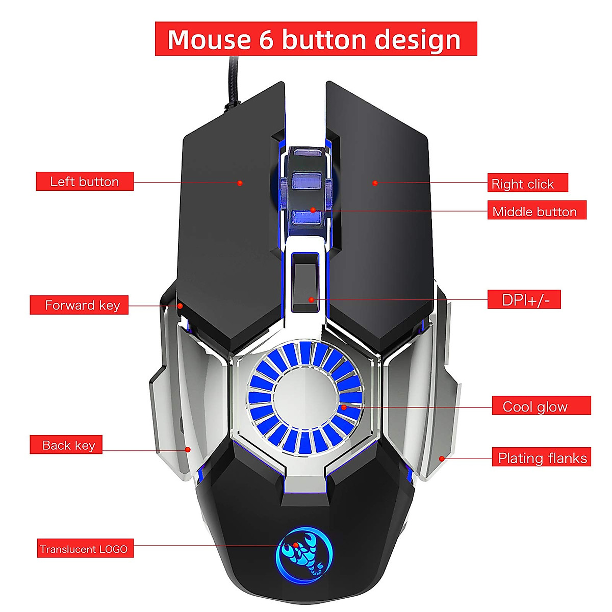 Gojiny Programmable Gaming Mouse, Wired Gaming Mouse 6400DPI Macro Programming Mouse for PC Laptop Desktop