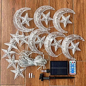 Janchs Solar String Lights Outdoor Ramadan Eid Decorations, 8 Modes Waterproof 138LED Solar Powered Star Moon Curtain Lights Window Fairy Lights for Backyard Garden Patio Home Christmas Ramadan Decor