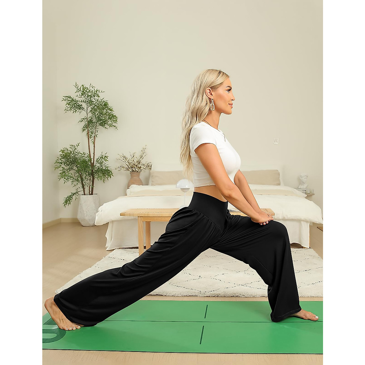 UEU Womens Wide Leg Pants Casual Loose Yoga Lounge Elastic V-Shaped High Waist Palazzo Pants with Pockets, Black, Small