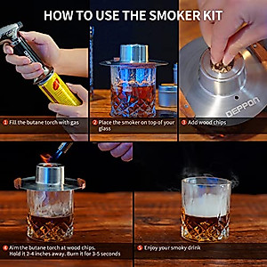 Cocktail Smoker Kit with Torch, Deppon Stainless Steel Smoker Top with 4 Kind of Wood Chips for Whisky and Bourbon, Old Fashioned Drink Smoker Kit for Home Bar Gift for Men, Dad, Husband (No Butane) (Silver)