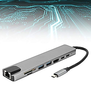Ranvo USB Type C Hub, Multiport 1080P HD Displayport Hub Aluminum Alloy 8 in 1 for USB 2.0 Memory Card for Type C Female Connector