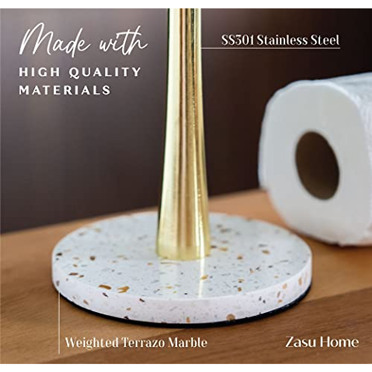 Zasu Marble Paper Towel Holder Gold Countertop, Kitchen, Toilet, Pantry and Bathroom Standing Paper Towel Roll Holders with Marble Base for Standard or Jumbo-Sized Roll Holder (Gold/Marble)