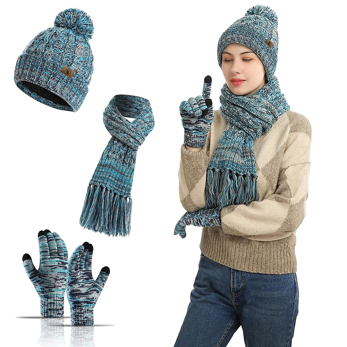 3 in 1 Winter Beanie Hat Neck Warm Scarf and Touch Screen Gloves Set for Women and Men,Knit Cap Set