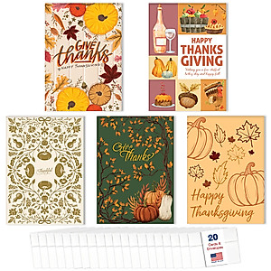 Thanksgiving Cards for Business & Family (Variety Pack of 5 Designs of Thanks) Greeting Card Set Pack of 20 Thanksgiving Cards with Envelopes (5x7 inch - A7) Office, Work, Employees & Clients VP2403