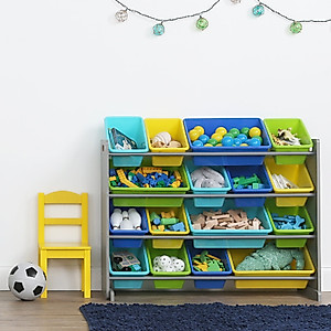 Humble Crew Extra-Large Toy Organizer, 16 Storage Bins, Grey/Blue/Green/Yellow,15.5"D x 42"W x 35"H