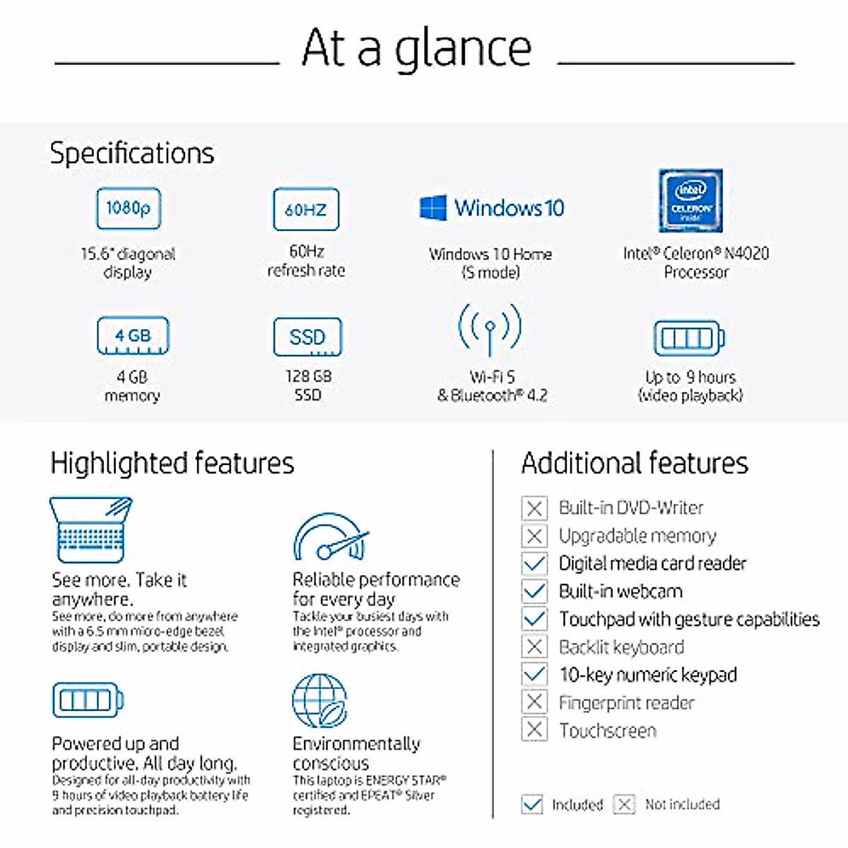 HP 15.6in FHD, Celeron N4020, 4GB RAM, 128GB SSD, Windows 10 Home in S Mode, Free one Year Microsoft Office, EROSEFLAMINGO Accessories, 15-dw1001wm