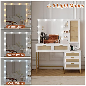 GarveeHome Vanity Mirror with Lights and Table & Power Outlet, Makeup Vanity Table with 12 Bulbs, 5 Drawer & Cabinet, 3 Ligthing Color Vanity Desk with Mirror and Lights, Rattan
