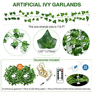 300 LED Curtain String Light with 24 Pcs 180 Feet Fake Vines Artificial Ivy and 50 Pcs Invisible Wall Vines Fixing Clips for Wedding Party Home Garden Bedroom Wall Decorations