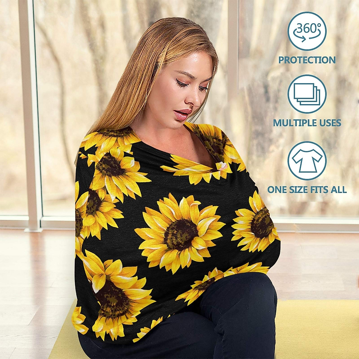 WELLDAY Baby Car Seat Covers Black Sunflower Stretchy Breastfeeding Scarf Breathable Infant Carseat Canopy Nursing Covers Multi Use for Stroller High Chair Shopping Cart Boys and Girls