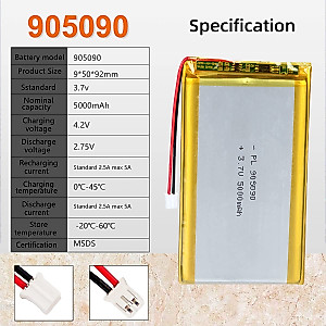 AKZYTUE 3.7V 5000mAh 905090 Lipo battery Rechargeable Lithium Polymer ion Battery Pack with JST Connector