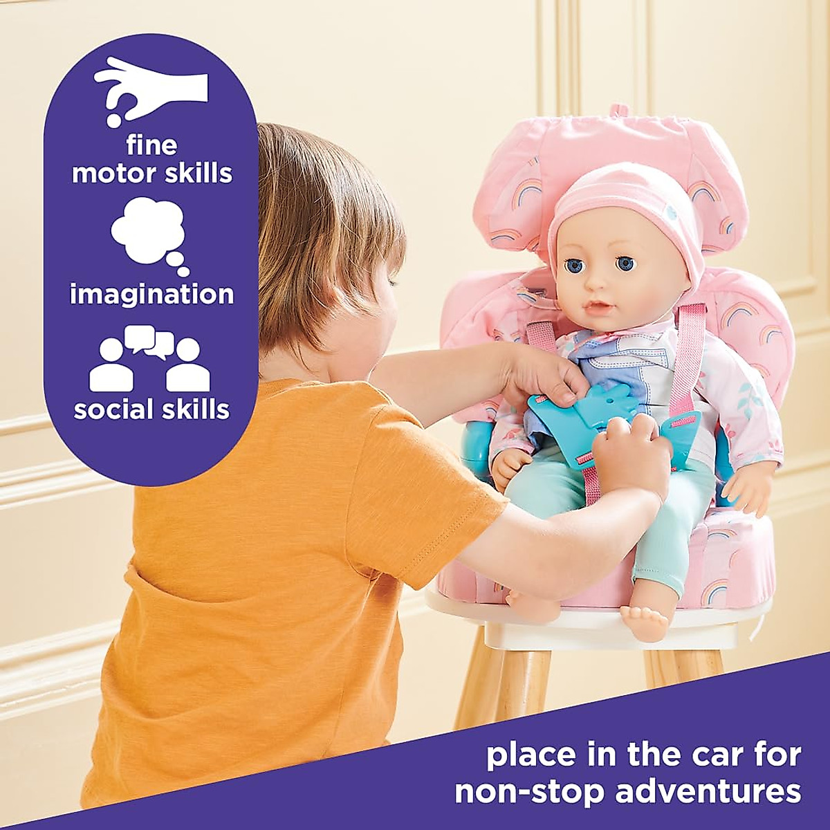 Casdon Baby Huggles Toys - Pink Booster Seat - Car Seat For Dolls with Adjustable Headrest & Buckles - Fits Dolls Sizes Up to 14" - Suitable for Preschool Toys - Playset for Children Aged 3+