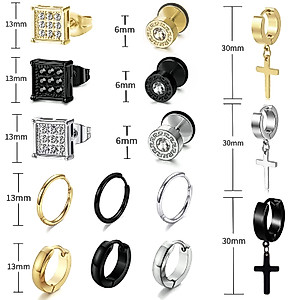 15 Pairs Earrings Set for Men and Women, Black Silver 14K Gold Plated Earrings Stud Kit 5 Pairs of Each Fashion Ear Piercing Jewelry Cross Dangle Hoop Earrings Set