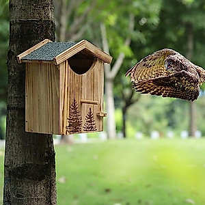Owl House Barn Owl Box Screech Owl House with Bird Stand Great Horned Owl Box Bird Houses for Outside Large Handmade Wooden Rectangular Opening Bird Box,with Mounting Screws, Easy Assembly