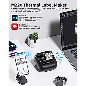 Phomemo M220 Label Maker, 3.14 Inch Label Printer, Bluetooth Thermal Sticker Printer for Barcode, Organizing, Mailing, Small Business, Storage, Compatible with Phone, PC, with 100 Pc Labels