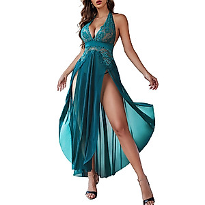 Avidlove Women Lingerie Deep V Neck Nightwear One Piece Sexy Nightgowns Mosaic Lace Mesh Dress (XL, Green)