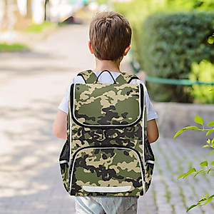 School Backpack with Chest Strap, Army Green Camouflage Laptop Backpack, Travel Hiking Backpack for Boys Girls, Rucksack, Knapsack