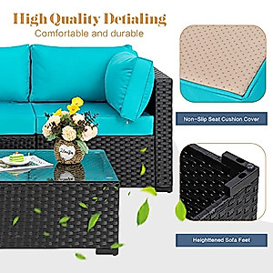 Walsunny 5 Pieces Outdoor Patio Furniture Set, All-Weather Rattan Patio Sectional Sofa Wicker Conversation Set with Glass Table and Cushions(Blue)