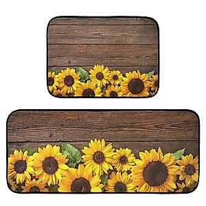 Country Style Sunflower Kitchen Carpet Set 2 Piece, 19.7"x27.6"+19.7"x47.2", Non-Slip Kitchen Mats and Rugs, Soft, Super Absorbent, Washable Kitchen Doormat Carpet Mat, Perfect for Kitchen, Sink, Flo