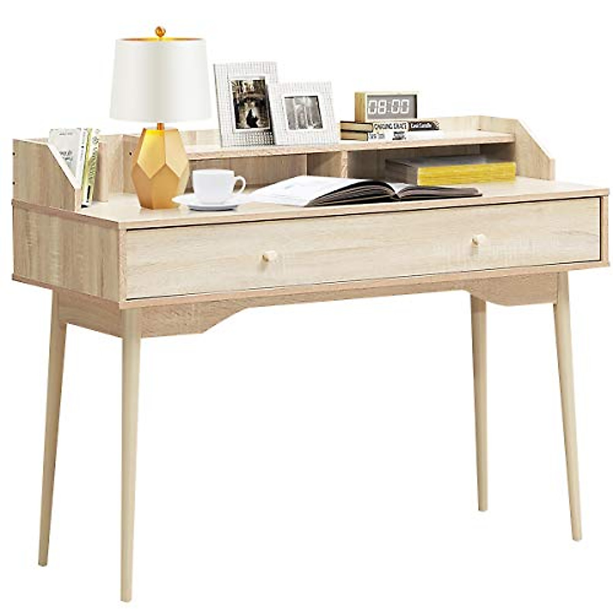 Tangkula Mid Century Desk with Storage Drawer, Writing Study Computer Desk with Hutch, Wooden Study Table PC Workstation, Home Office Desk Kid’s Desk for Bedroom (Natural)