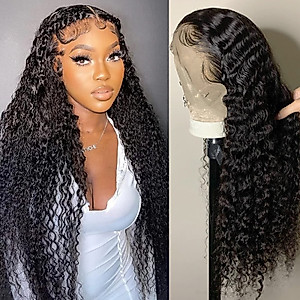 TopeosIo Deep Wave Lace Front Wigs Human Hair Wigs for Women 13x4 HD Transparent Deep Curly Lace Frontal Glueless Wigs Human Hair Pre Plucked With Baby Hair 150% Density Natural Color 24 Inch