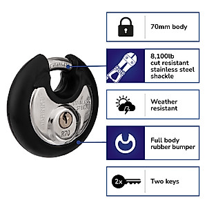 BRINKS Heavy Duty Padlock & Key 2 Pack- 70mm Stainless Steel Keyed Alike Commercial Discus Keyed Lock for Storage Shed, Garage, Locker, Sliding Doors, Cabinets & More Round with Steel Shackle, Black