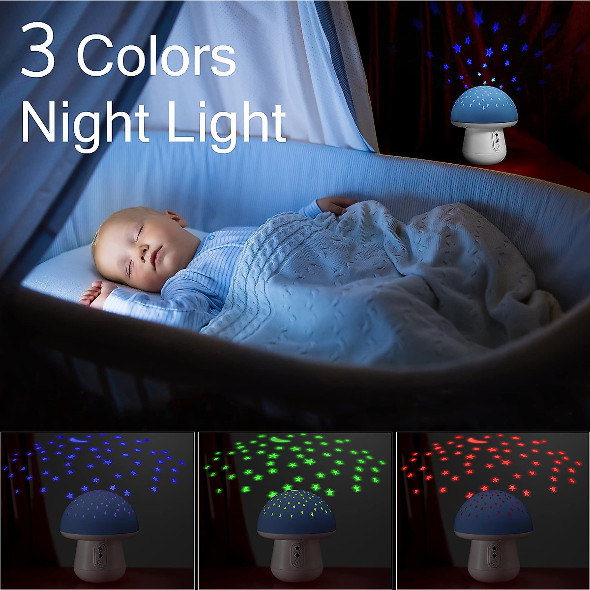 Baby Sleep Soother, Mushroom Baby White Noise Sound Machine with Moon and Star Projector, Portable Baby Sleep Aid Must Have Essentials for New Born, 4 Natural Soothing Sounds 7 Calming Melodies (Blue