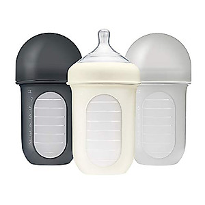 Boon NURSH Reusable Silicone Baby Bottles with Collapsible Silicone Pouch Design — Everyday Baby Essentials — 3 Count — Stage 2 Medium Flow — 8 Oz — Gray