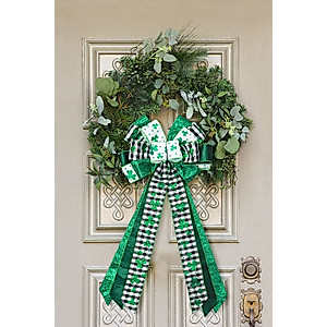 Hying Large St. Patrick's Day Bows for Wreath, Black White Buffalo Plaid Bow Green Shamrock Wreath Bows Holiday Burlap Bow Tree Topper Bows for Front Door Saint Patrick's Day Decorations Supplies