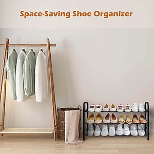 3-Tier Expandable Shoe Rack, Adjustable Metal Shoe Rack for Front Door Metal Black Free Standing Shoe Storage Organizer for Small Space Entryway Garage Hallway Bedroom Easy to Assemble, Black