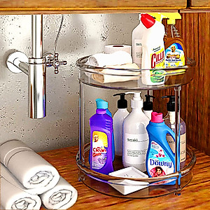 Acrylic Lazy Susan Organizer, 2 Tier Turntable for Cabinet,10.5 Inch Cleaning Supplies Organizer for Fridge Bathroom Sink Under and Storage Cabinets Kitchen Easy to Install or Separate