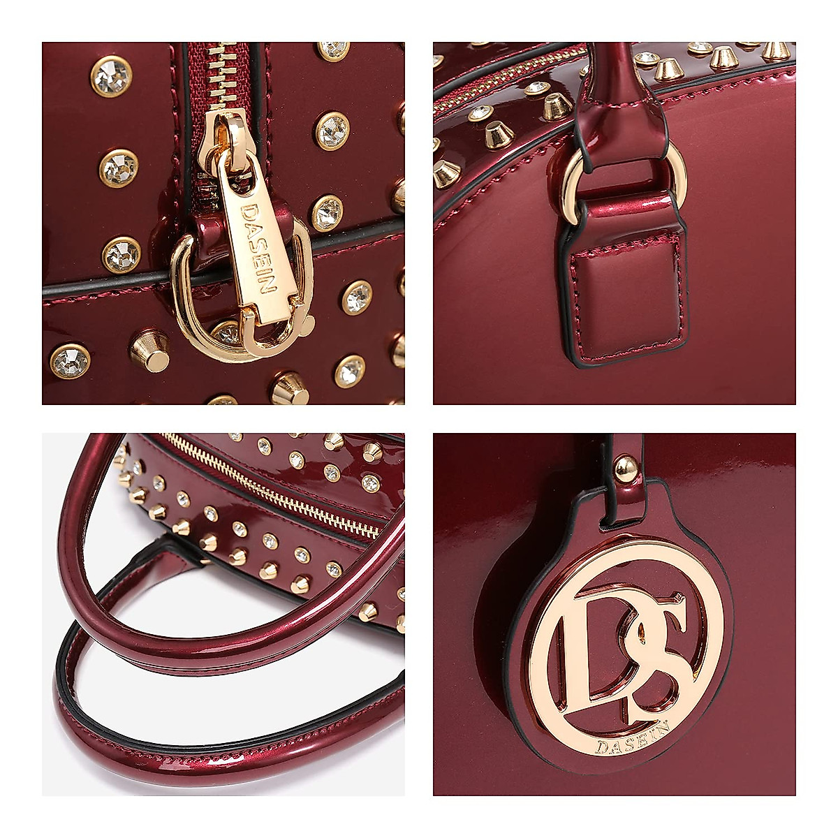 Dasein Patent Rhinestone Handbags for Women Studded Dome Zip Around Shoulder Bags Designer Purses, COLOR-RED