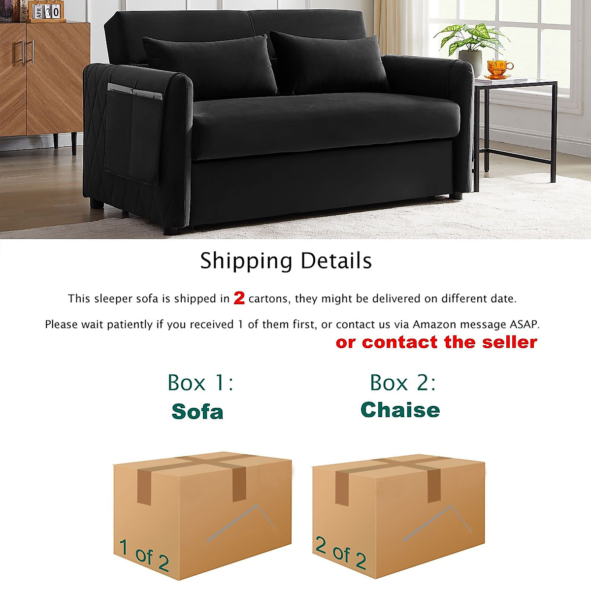 Monkey Patio 59.5 Inches Modern Velvet Loveseat with Pull-Out Convertible Sleeper Sofa Bed, 2 Arm Pockets, 2 Pillows and Adjustable Backrest for Living Room, Grid Design Armrests (Black)