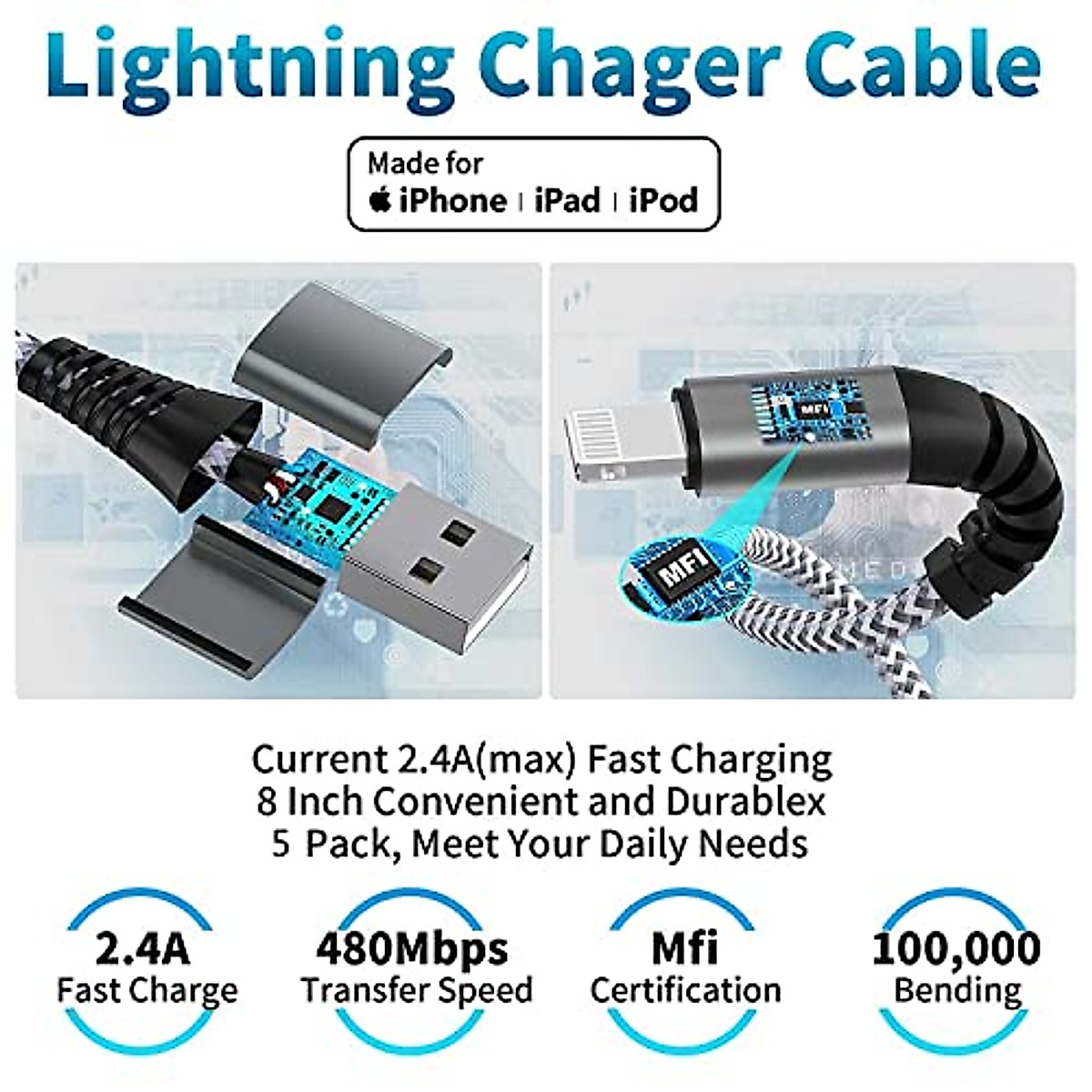 5 Pack Short Lightning Cable(8 Inch), [Apple MFi Certified] iPhone Fast Charging Cable,USB to Lightning High Speed Data Sync Nylon Braided Cord for iPhone 14/13/12/11/XR/X/8/7/6/iPad/Airpods/PowerBank