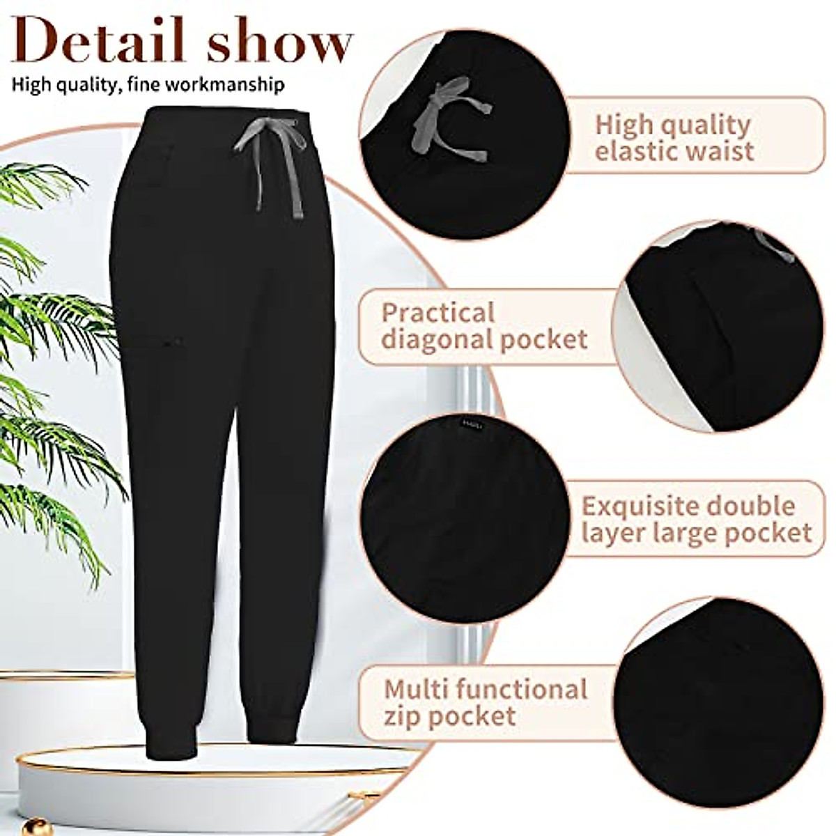 niaahinn Women Jogger Scrubs Pant Workwear Mid Rise Tapered Leg Drawstring for Nursing Soft Fabric (Black,M,Medium)