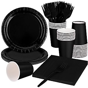 ADXCO Black Party Supplies Disposable Black Party Decorations 9 Inch Black Paper Plates Paper Cups Napkins Folks Serves 24 for Birthday Wedding Holiday Decorations