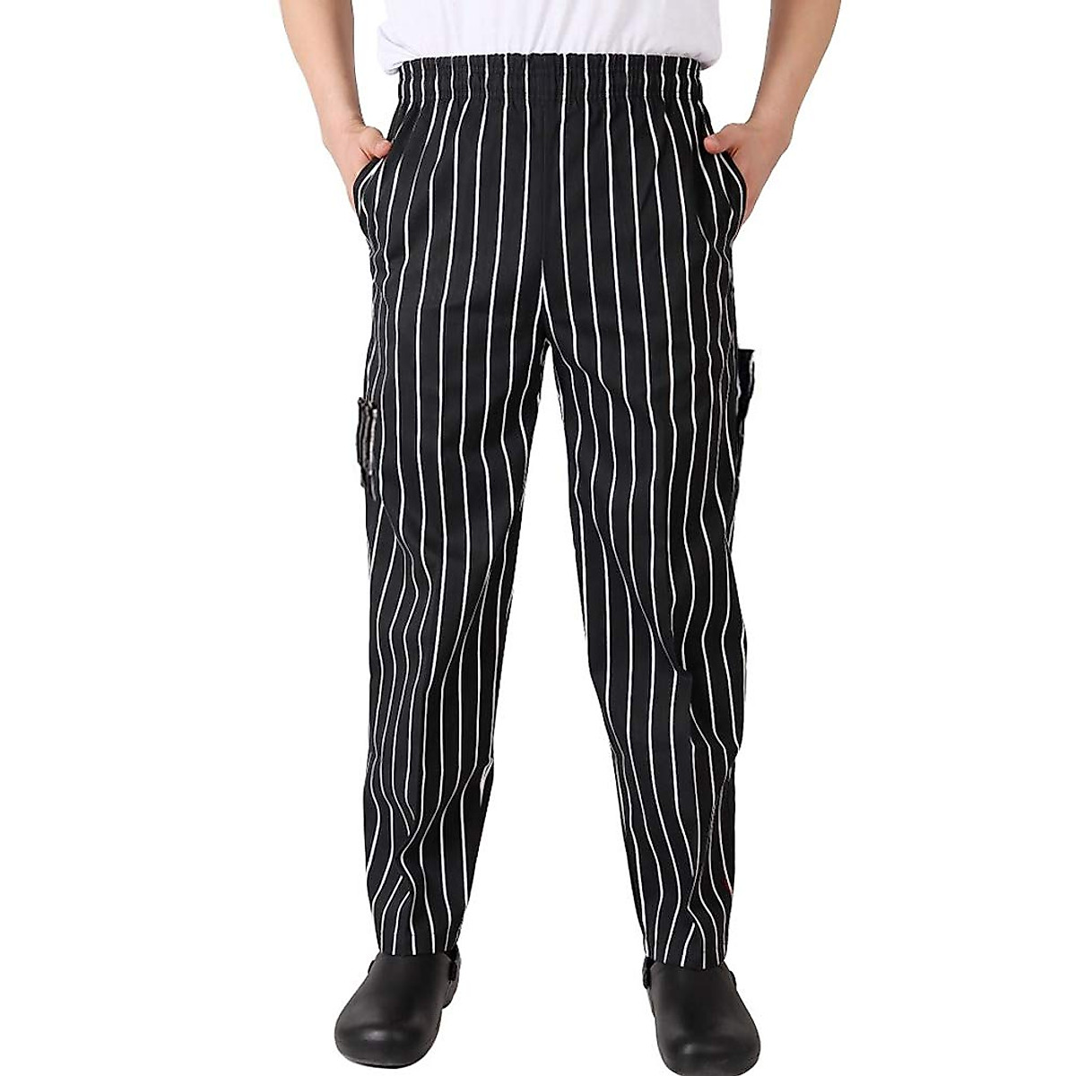 Men’s Classic Multi Pocket Baggy Chef Pant Black White Stripe Cargo Style Chef Uniforms L