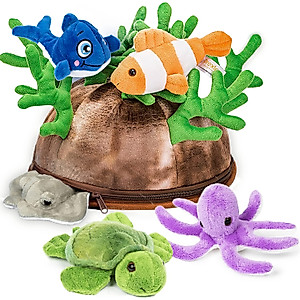 Prextex 5-pc Stuffed Sea Animal & Toy Storage | Soft Plush Sea Creatures Toys for Kids | Small/Mini Stuffed Animals in Bulk | Cute Toy Ocean Decor, Ocean Animals | Birthday Gift Bag, Party Favor/Decor