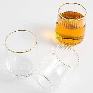 Lysenn Stemless Wine Glasses Set of 4 - Premium Hand Blown Drinking Glasses for White and Red Wine - Elegant Vertical Stripe and Gold Rim Design - Clear 15oz