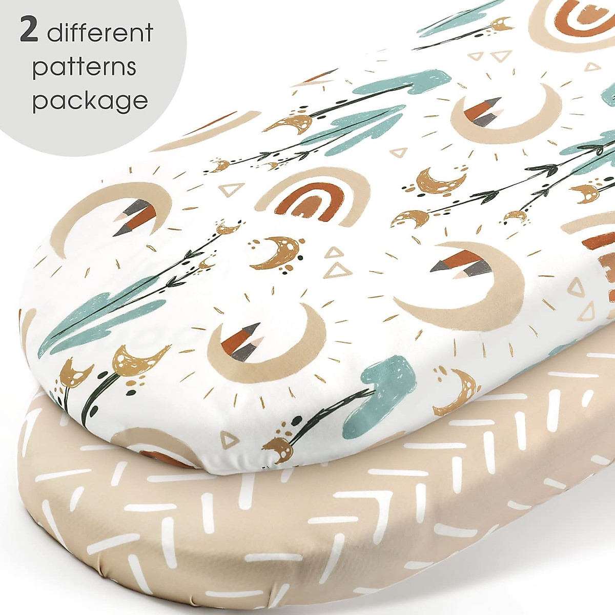 GRSSDER Stretchy Ultra Soft Fitted Bassinet Sheets Set 2 Pack, Cradle Sheet Universal Fit for Rectangle, Oval, or Hourglass Bassinet Pad/Mattress Safe and Snug, Stylish Cute Rainbow Print for Baby