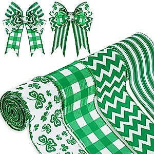 Whaline 4 Rolls St Patrick's Day Wired Ribbon Plaid Shamrock Stripe Crease Ribbon Linen Like Polyester Green White Irish Wrapping Ribbon for Home Birthday Craft Decoration Gift Bow, 2inch x 5 Yards