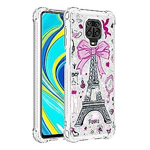 COTDINFORCA Compatible with Redmi Note 9S Case Glitter Cute for Girls Women Liquid Floating Quicksand Shockproof Protective Silicone Case for Xiaomi Redmi Note 9S / Redmi Note 9 Pro Bow Tower YB