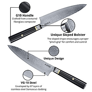 Yatoshi Magnetic Kitchen Knife Block Set 6 Pcs - Japanese 67 Layer High-Grade VG-10 Damascus Steel Knives, Sharp, G10 Handle Professional Kitchen Knife Set