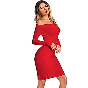 Verdusa Women's Basic Off Shoulder Long Sleeve Bodycon Short Dress Red S