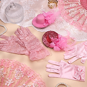Auidy 6TXD Tea Party Supplies, 6 Pieces Girls Party Headwear and Accessories, Includes Folding Hand Fans, Clip on Hats, Satin and Lace Gloves, Rose Pink